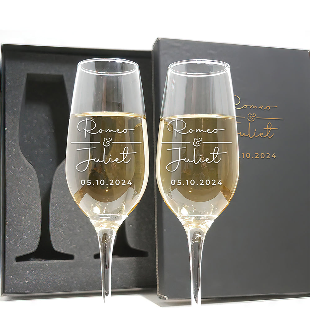 Personalized Champagne Flute Glass Set - "Classic" - Couples Gift Idea